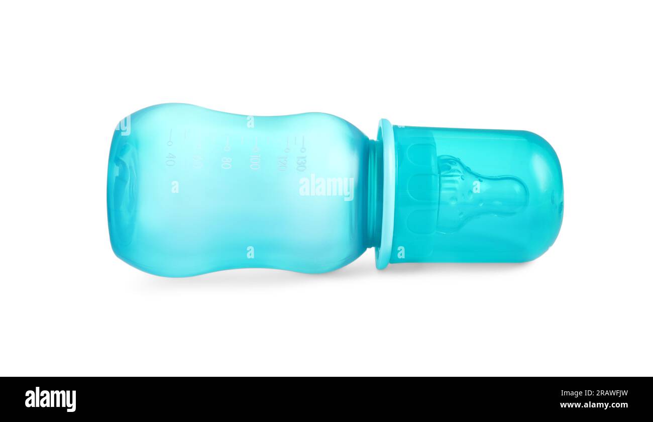 Empty turquoise feeding bottle for baby milk isolated on white Stock ...