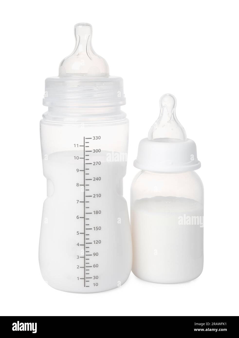 Two feeding bottles with infant formula on white background Stock Photo ...