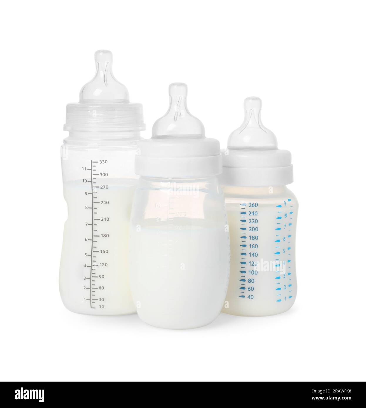 Three feeding bottles with infant formula on white background Stock ...