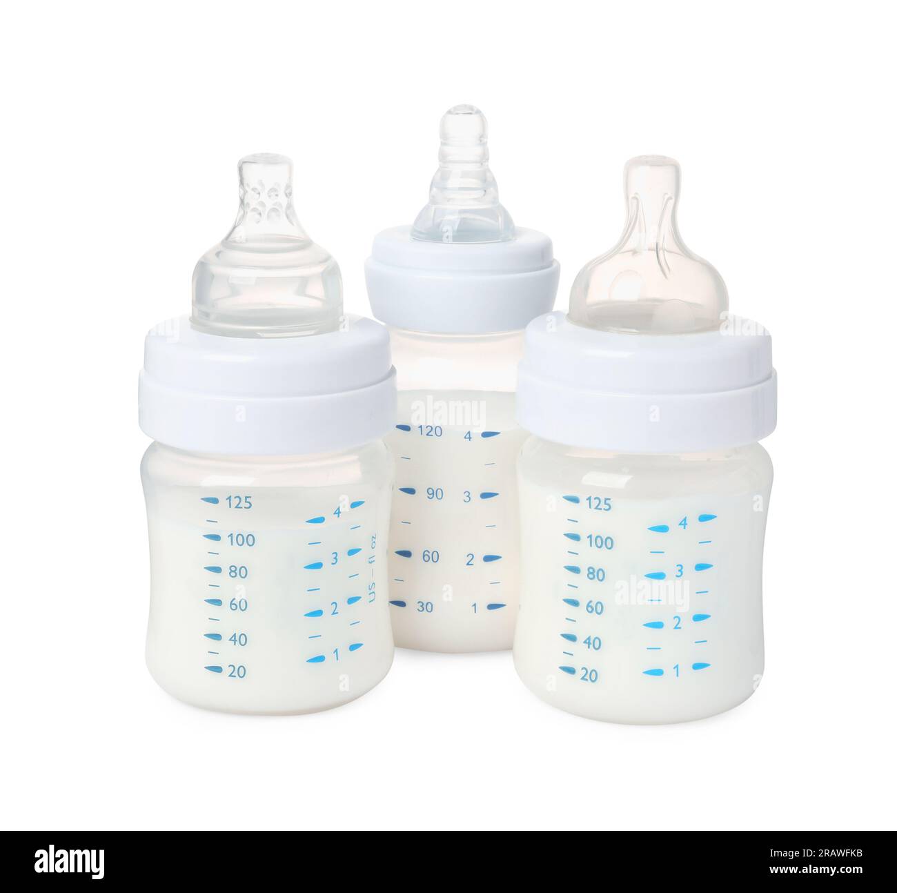 Three feeding bottles with infant formula on white background Stock ...