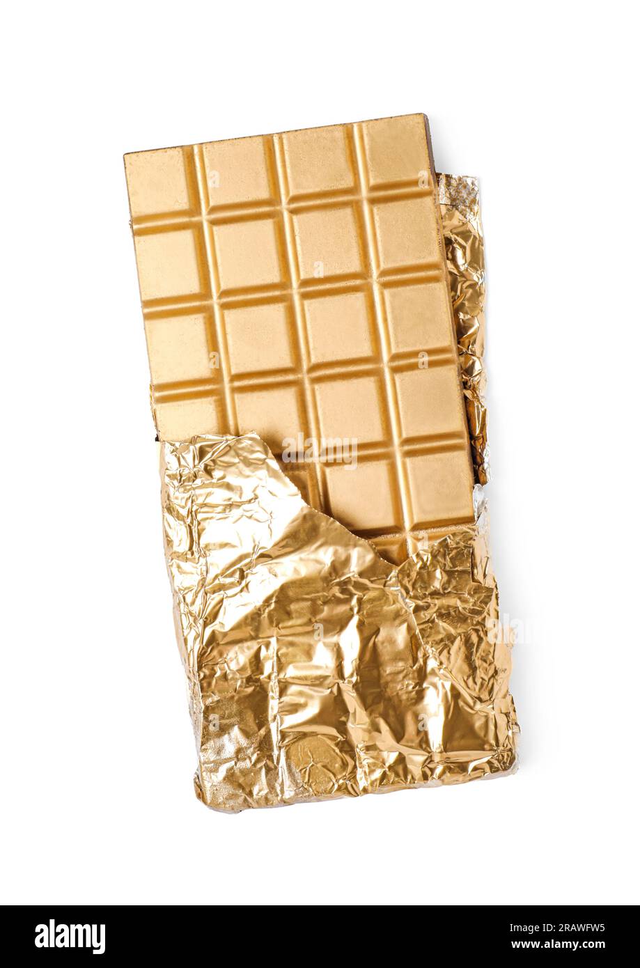 Shiny golden chocolate bar with foil on white background, top view ...