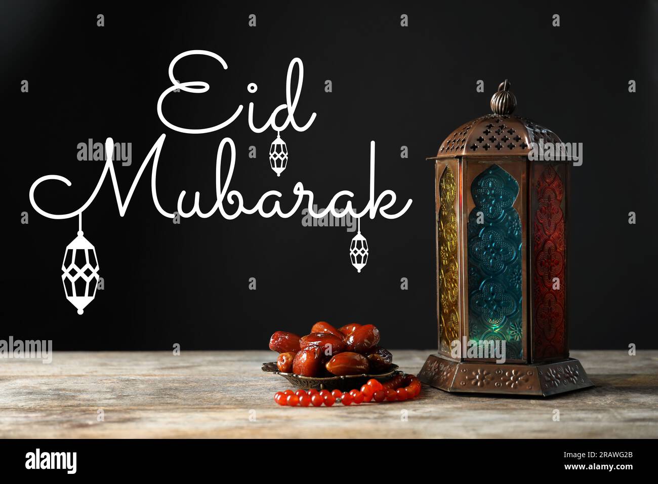 Eid Mubarak greeting card. Muslim lantern, dates and misbaha on wooden ...