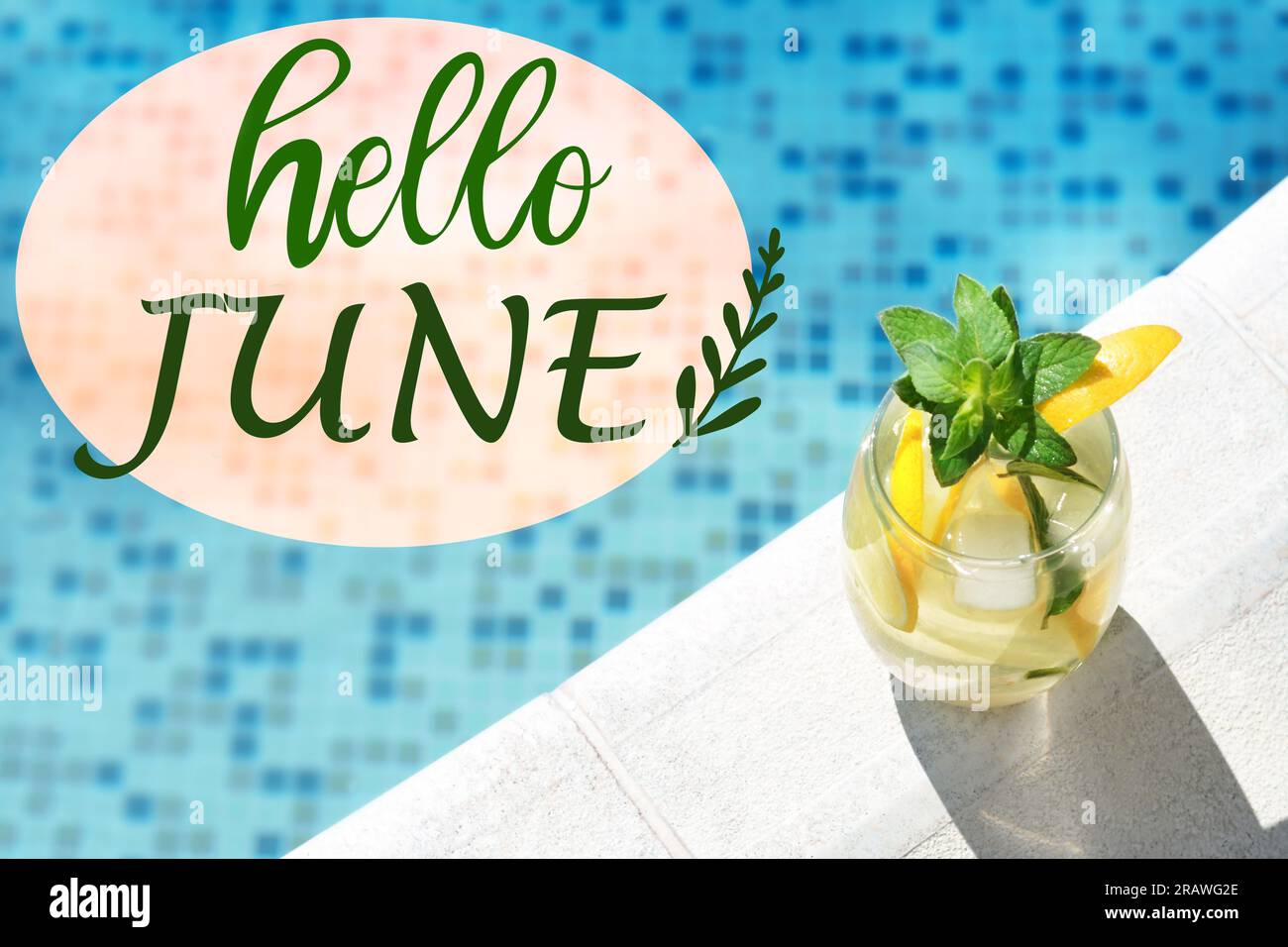 Hello June. Refreshing water with lemon and mint near swimming pool ...