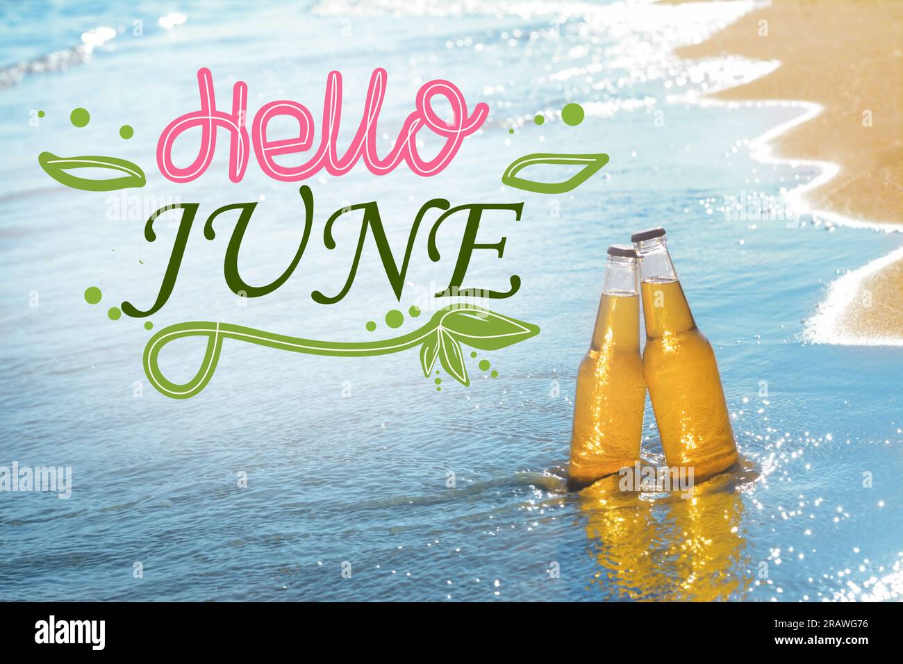 Hello June. Bottles of cool beer in sea water on sunny day Stock Photo ...