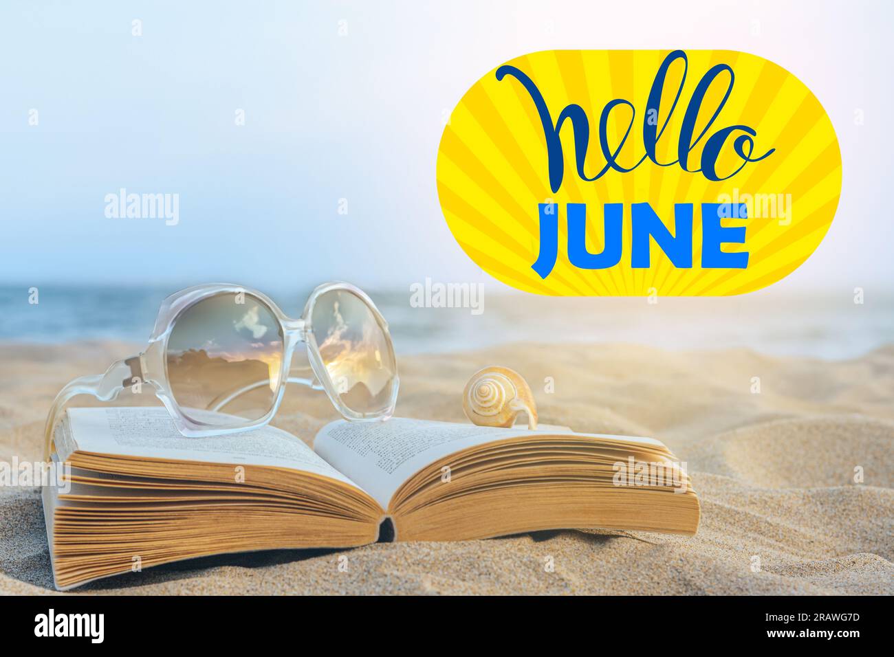 Hello June. Beautiful sunglasses, book and shell on sandy beach Stock ...