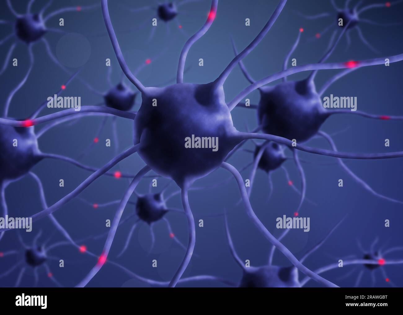 Impulses traveling between neurons through axons on blue background ...