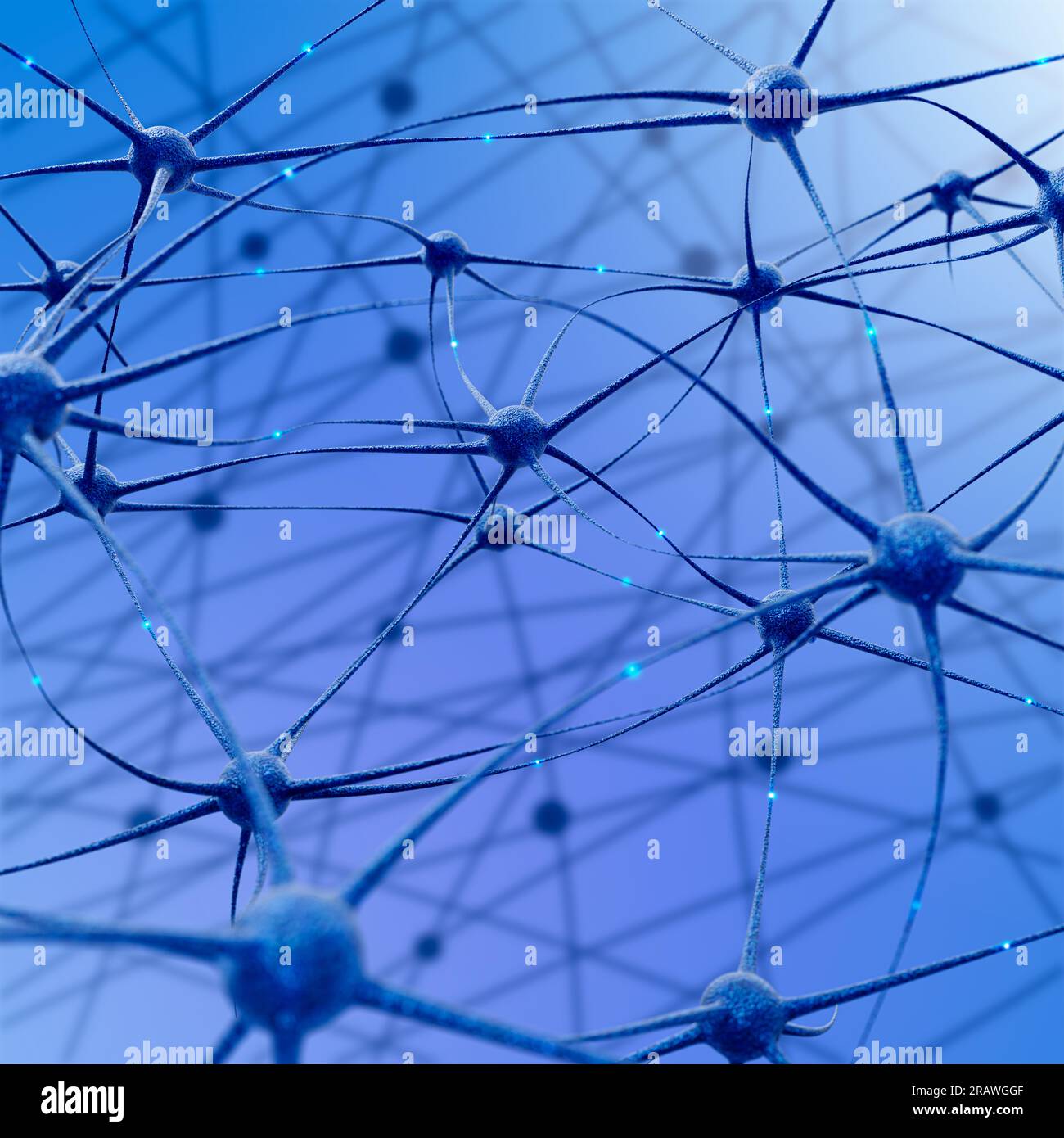 Impulses traveling between neurons through axons on blue gradient ...