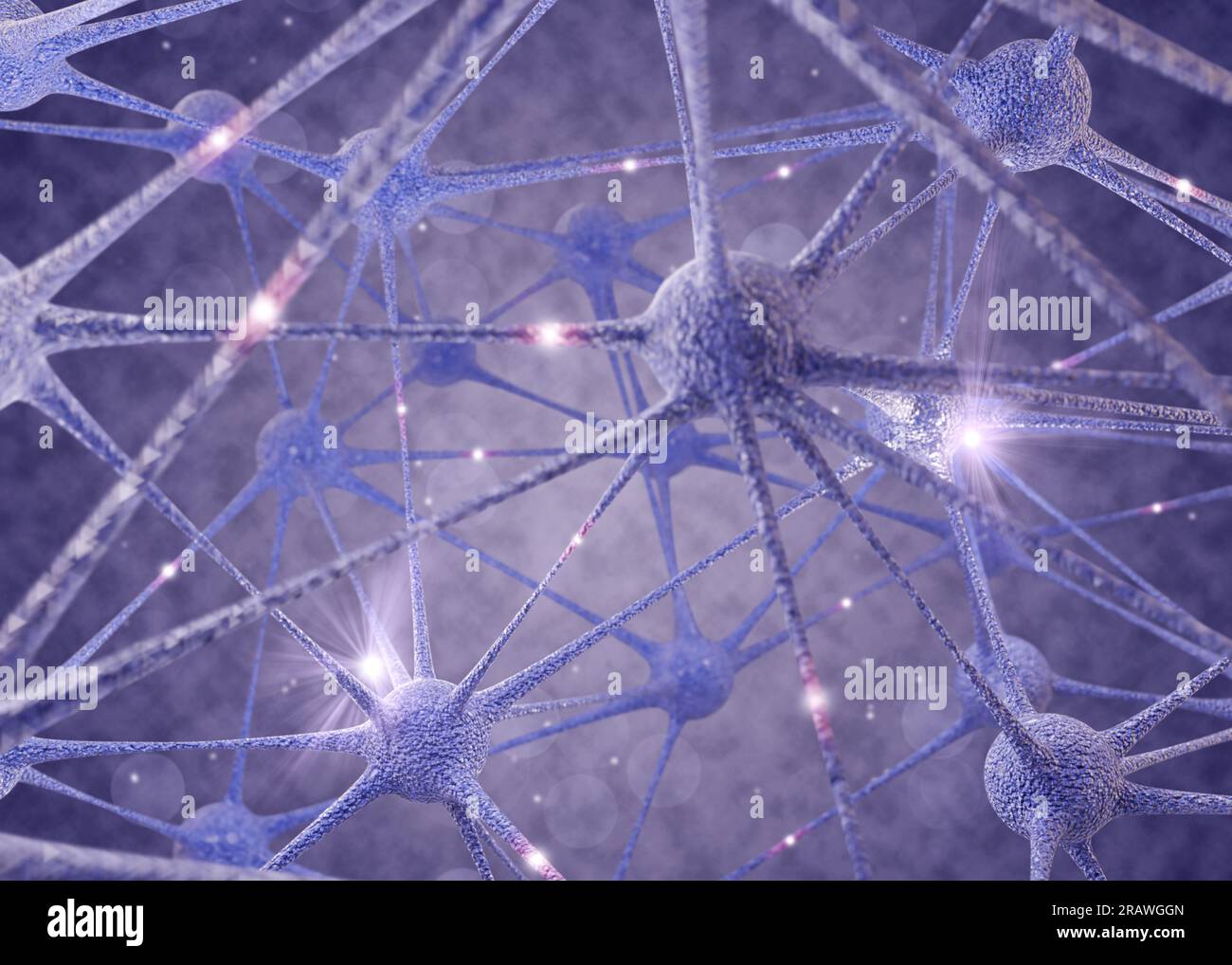 Impulses traveling between neurons through axons on purple background ...