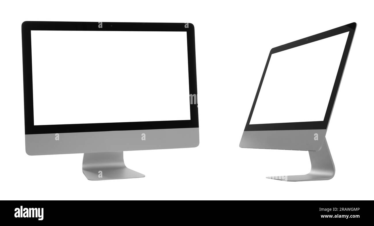 Collage design with computer monitor on white background, different ...