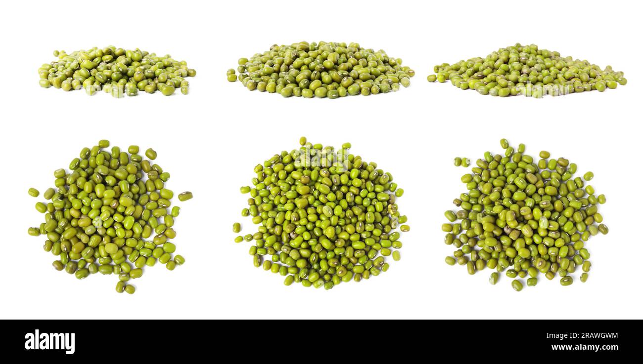Piles of raw mung beans on white background. Collage design Stock Photo ...