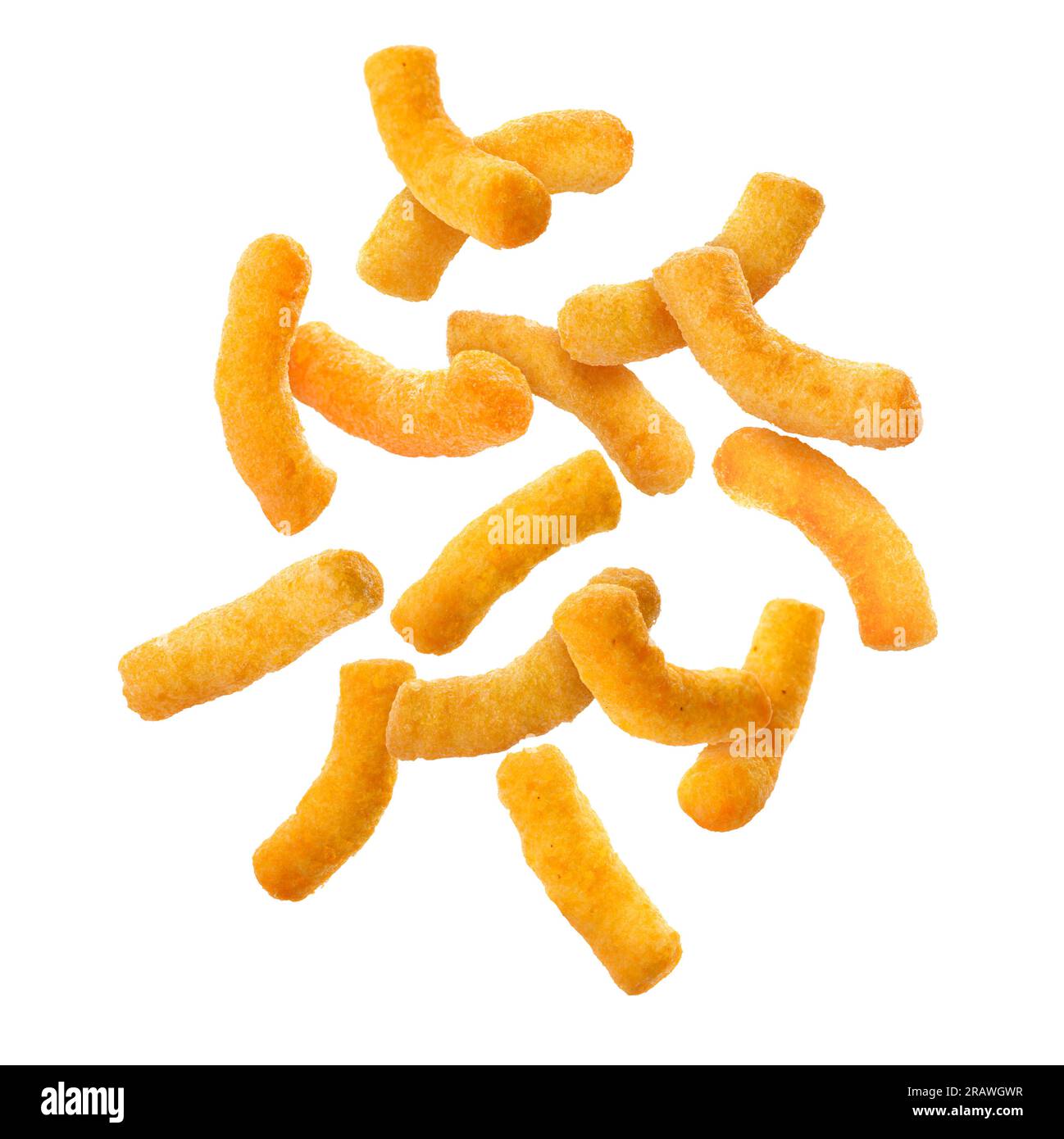 Many tasty corn sticks falling on white background Stock Photo - Alamy