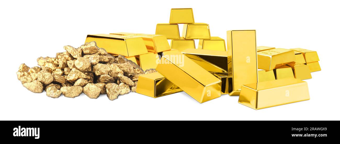Gold bars and nuggets on white background Stock Photo - Alamy