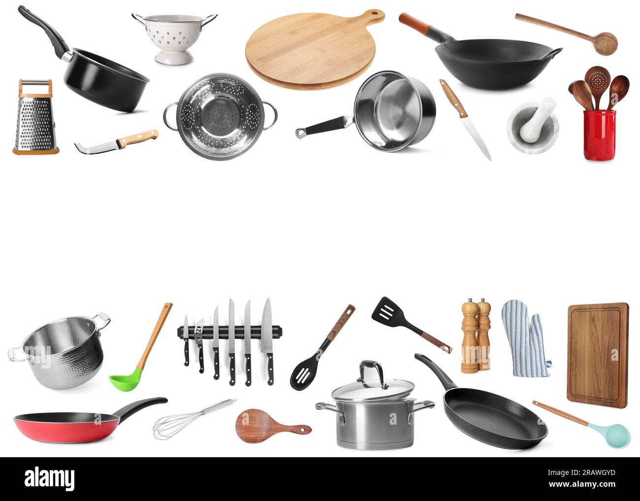 Frame of different kitchenware on white background, space for text ...
