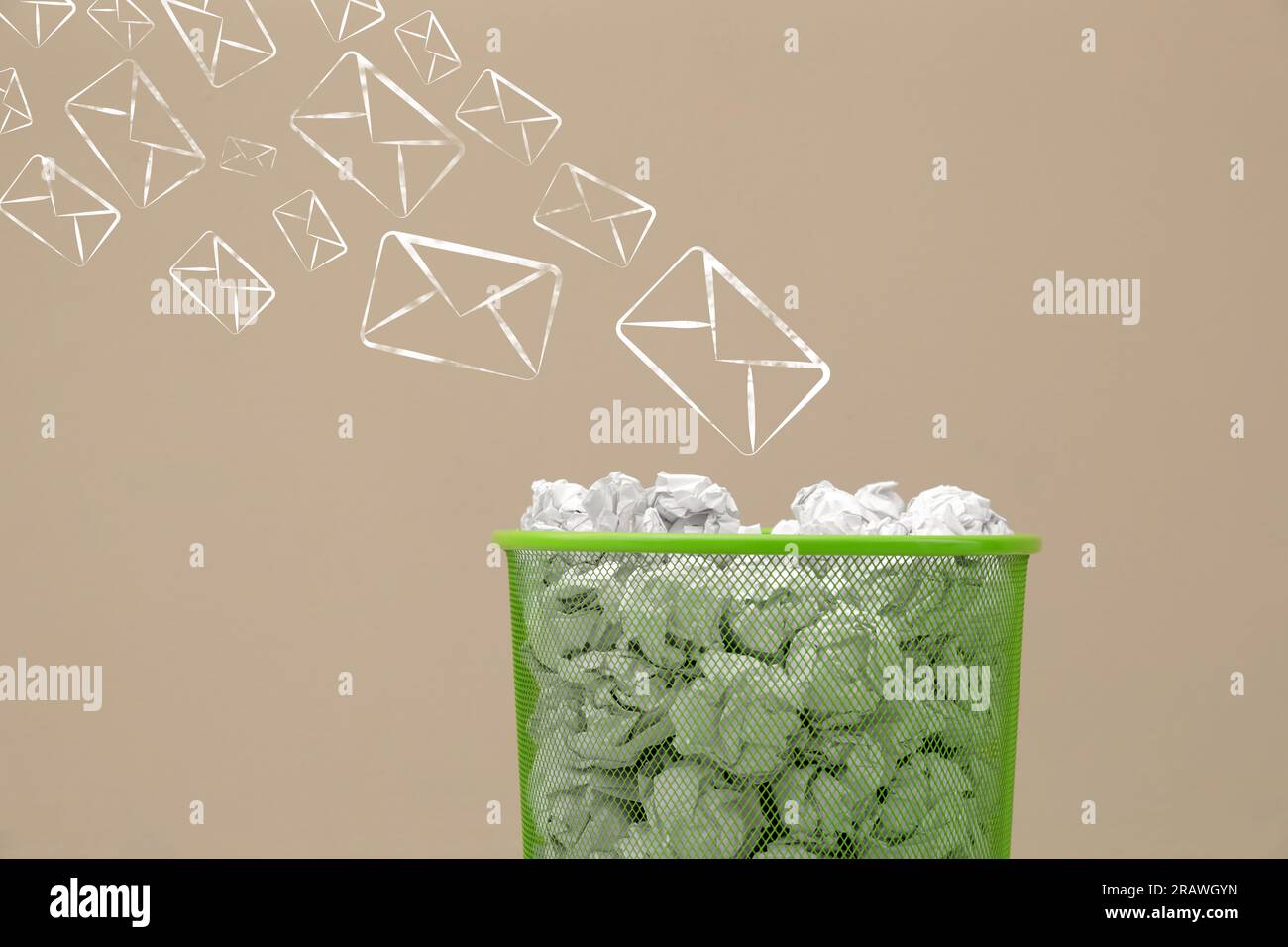 Spam. Drawn envelopes falling into bin with crumpled paper on beige ...