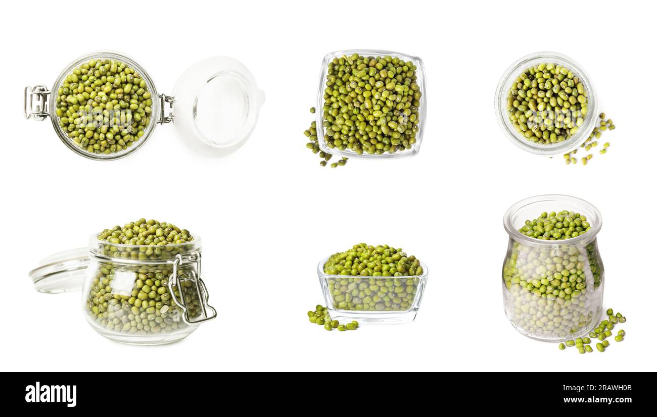 Raw mung beans in jars and bowl on white background, top and side views ...