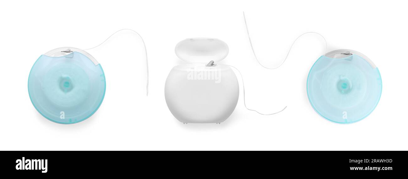 Set of different dental flosses on white background Stock Photo - Alamy