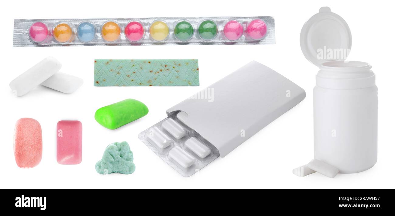 Set of different chewing gums on white background Stock Photo - Alamy