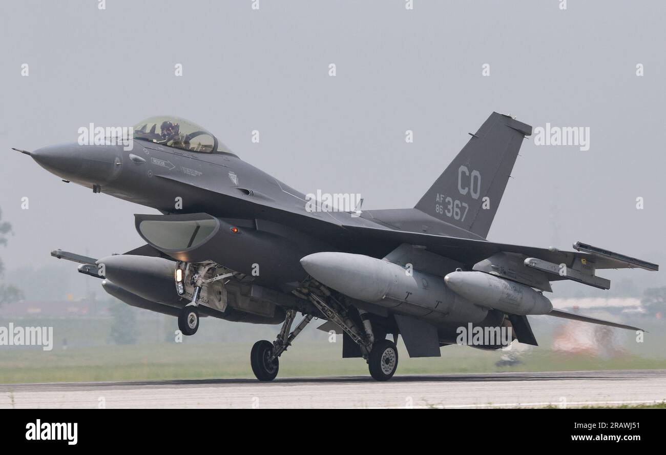 An F-16 Fighting Falcon of the 120th Fighter Squadron, the “Redeyes”, from the Colorado Air ...