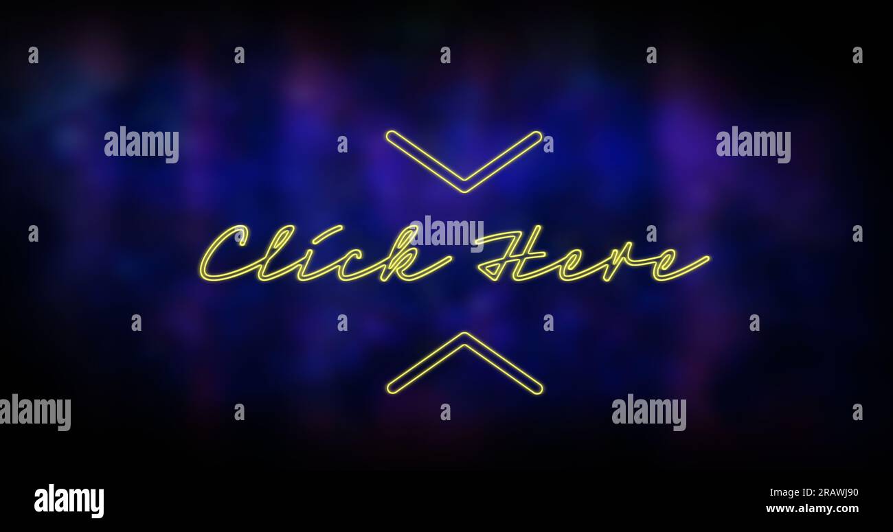 Image of neon click here text banner against blue textured background ...