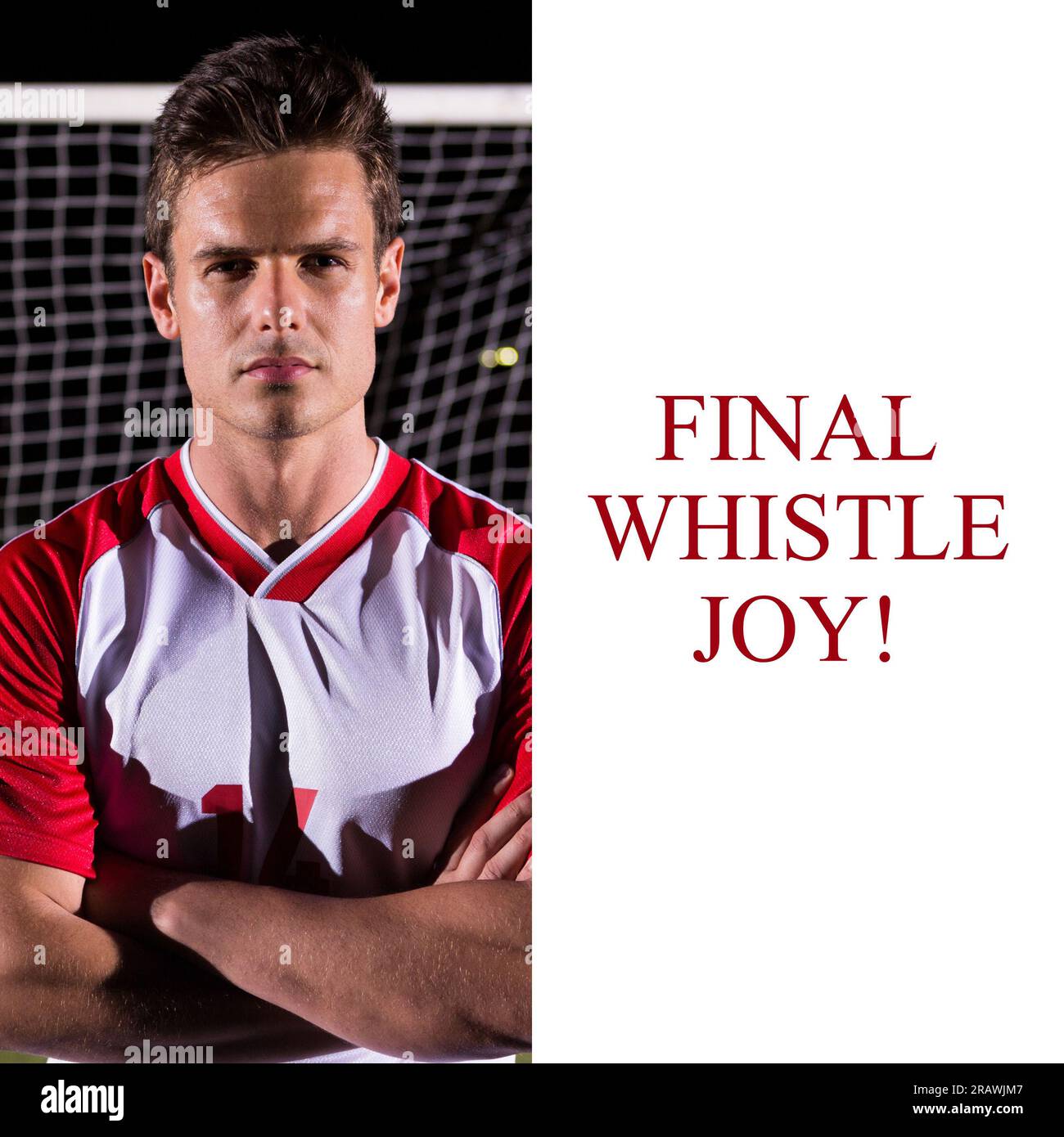 Composition of final whistle joy text over caucasian football player on ...