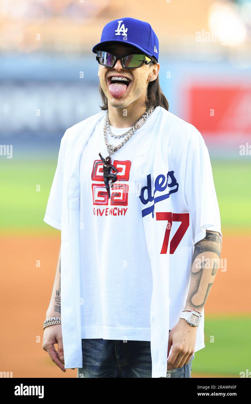 LOS ANGELES, CA - JULY 05: Rapper Peso Pluma looks on before throwing ...