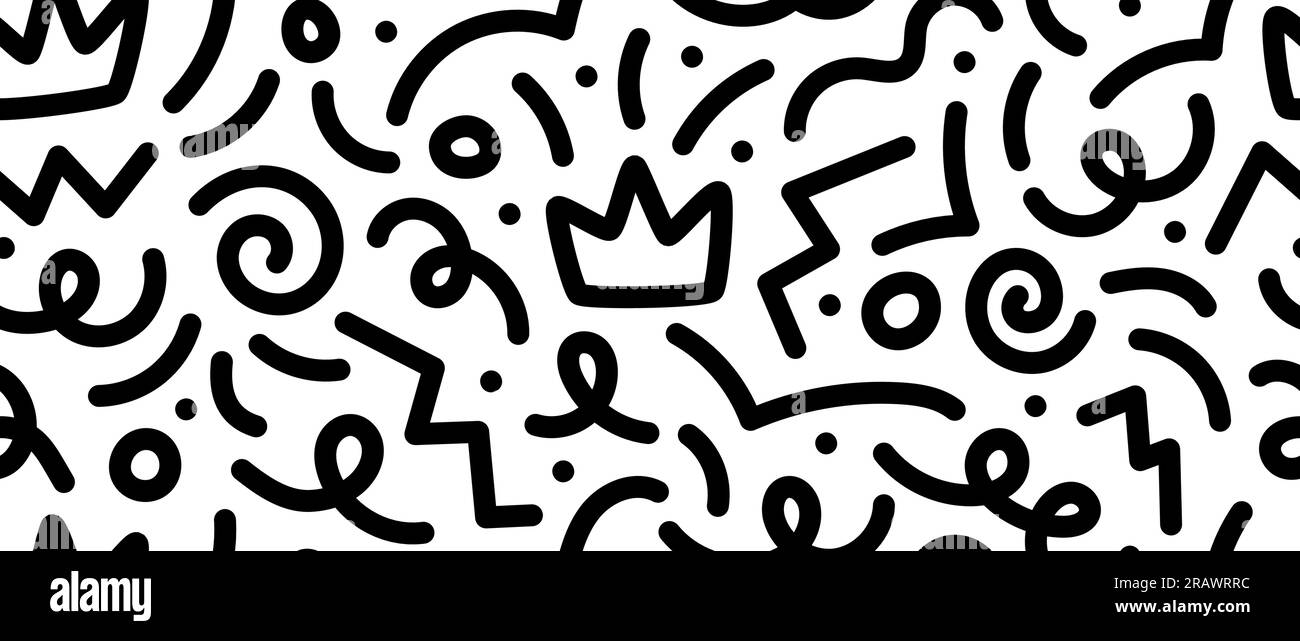 Funky doodle squiggly lines seamless pattern. Black and white childish ...