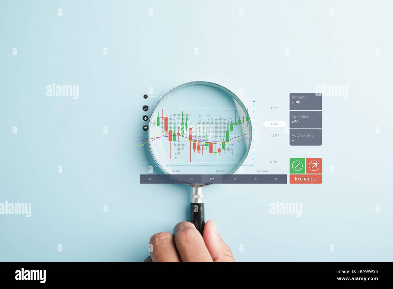 Magnifier glass focuses on the bar graph with an increasing arrow Stock ...
