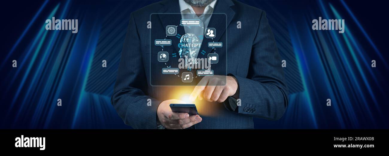 Artificial Intelligence in Bot Chat. Businessman using Ai chatbot in ...