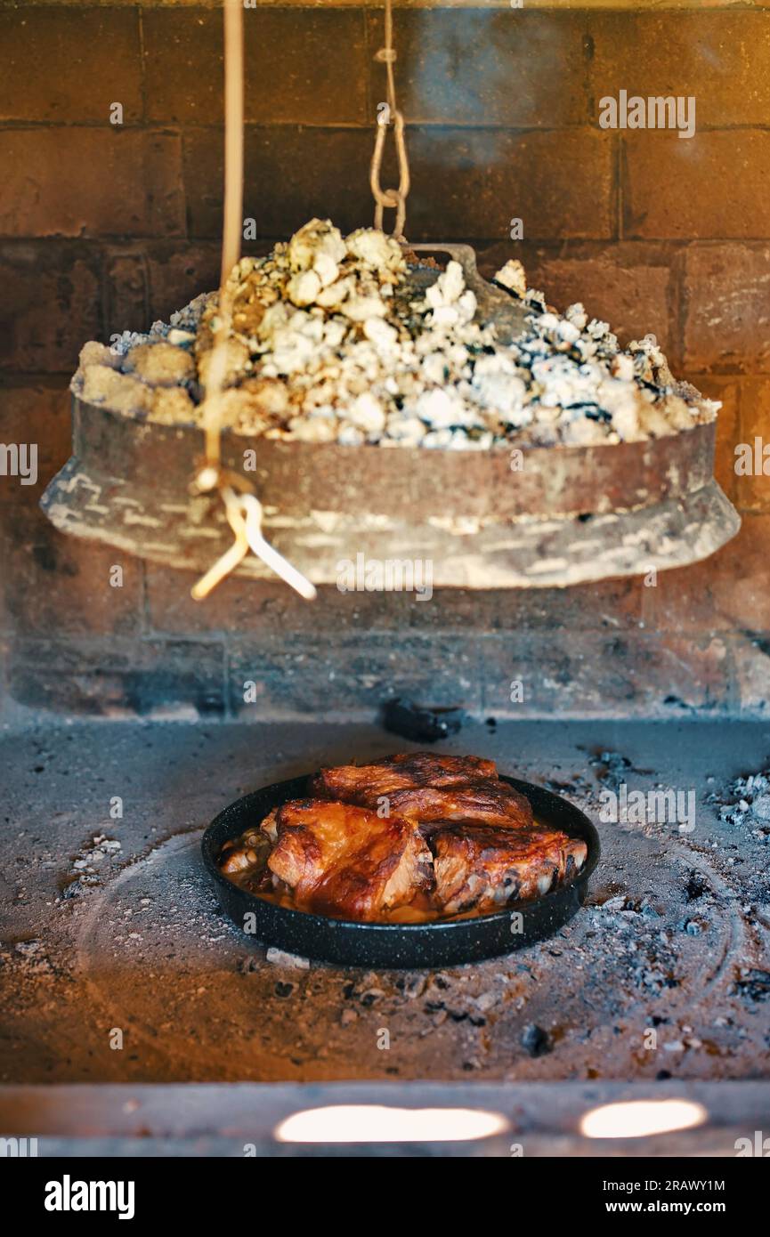 Closeup of traditional grilled meat in the oven on open flame Stock ...