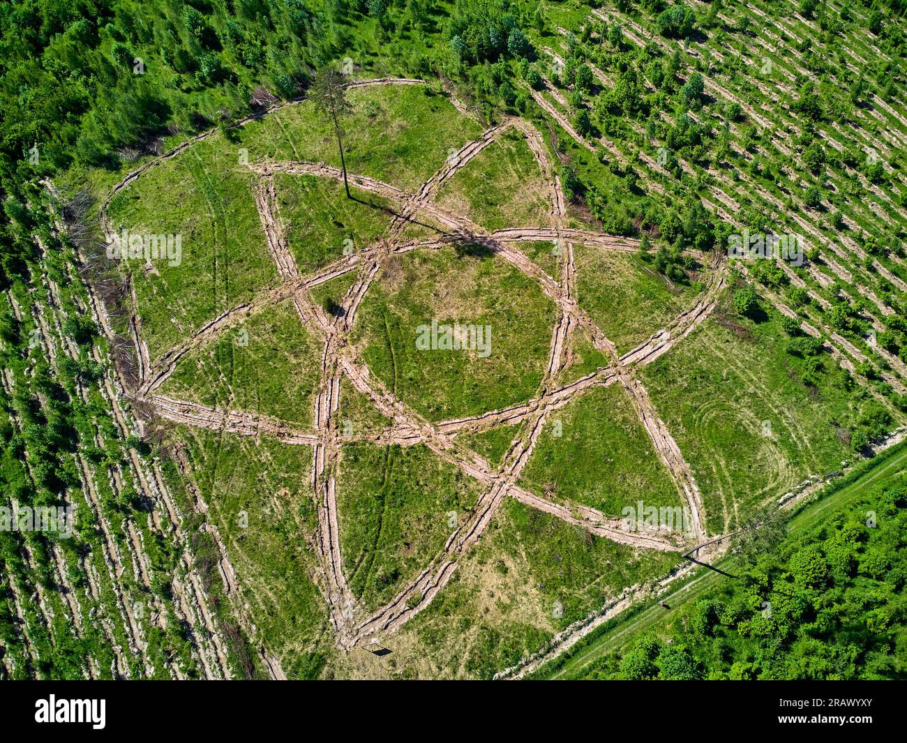 Geoglyph in the form of an atom symbol, an outline where trees are ...