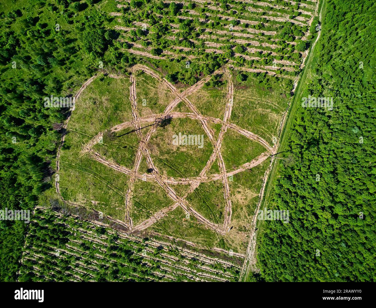 Geoglyph in the form of an atom symbol, an outline where trees are ...