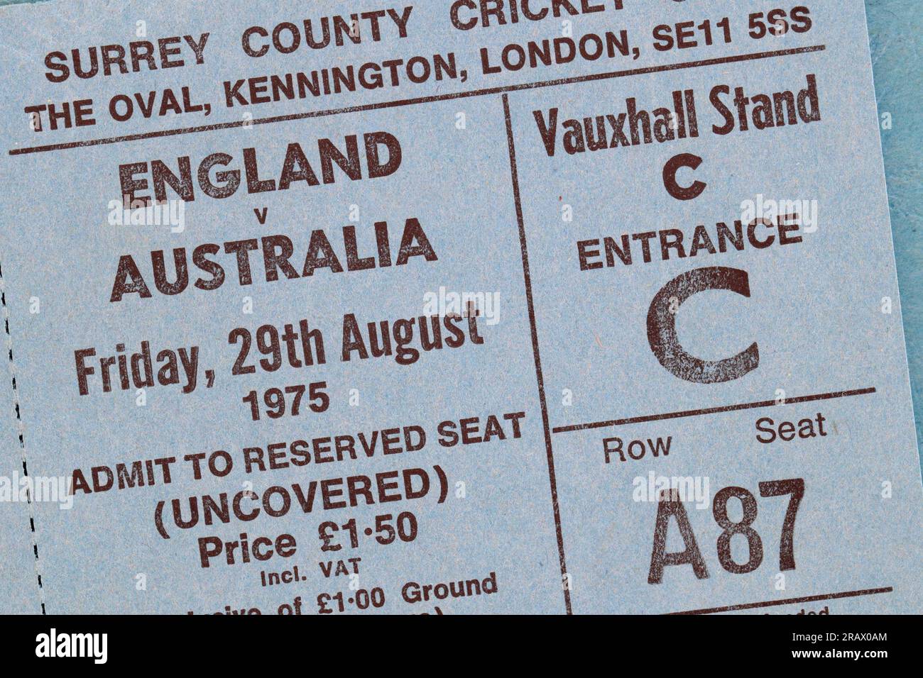Photo of a 1975 Test Match Admission Ticket, "England v Australia", The ...