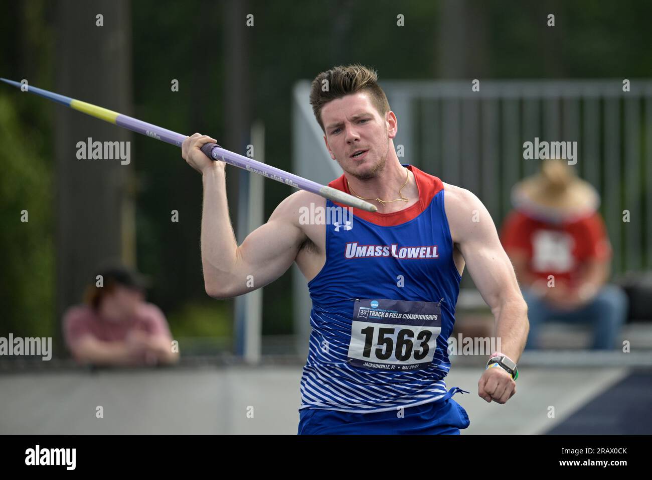 Massachusetts Lowell's James Kotowski competes in the men's javelin ...