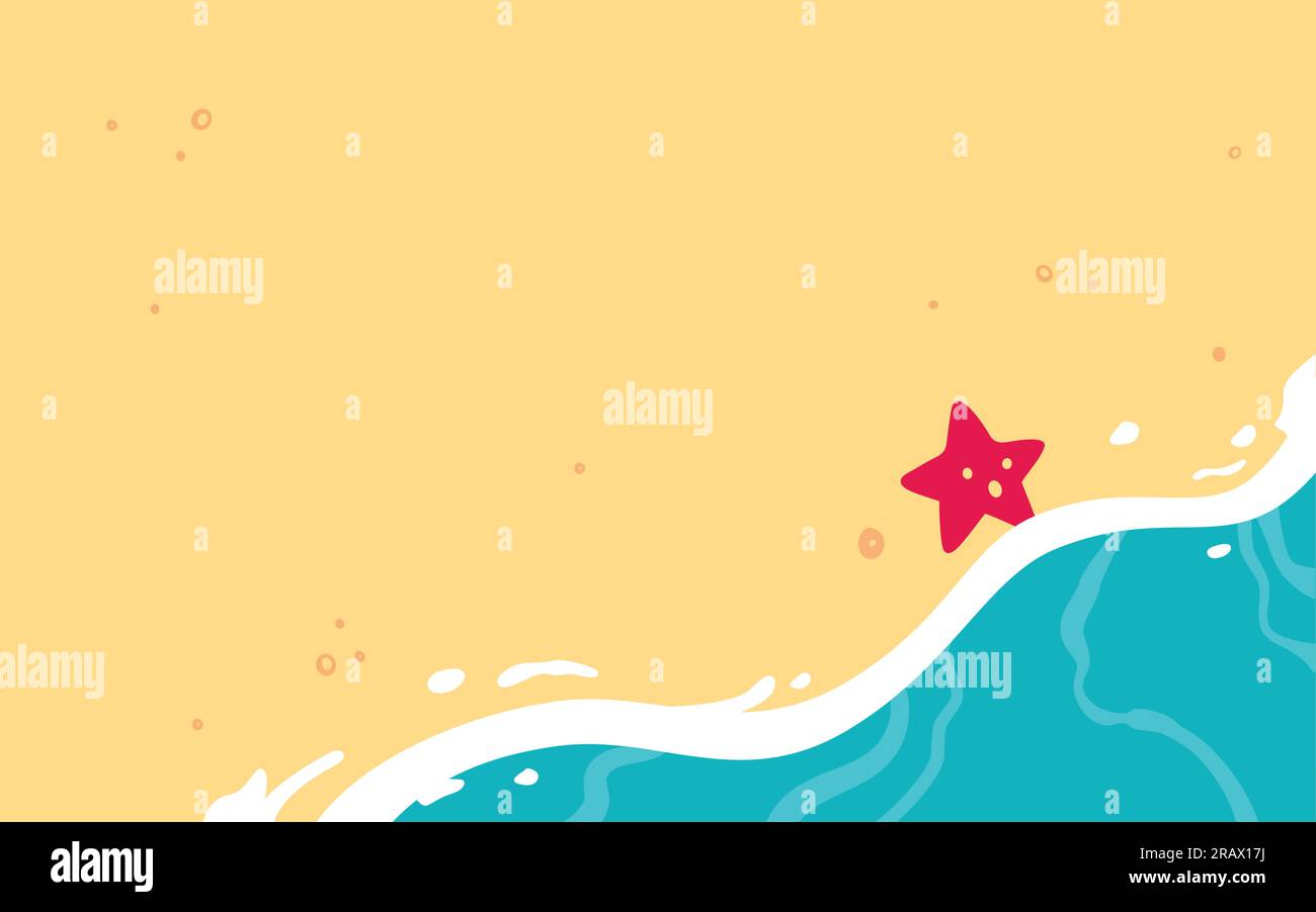 Sandy beach with sea wave and starfish. Summer design template, vector ...