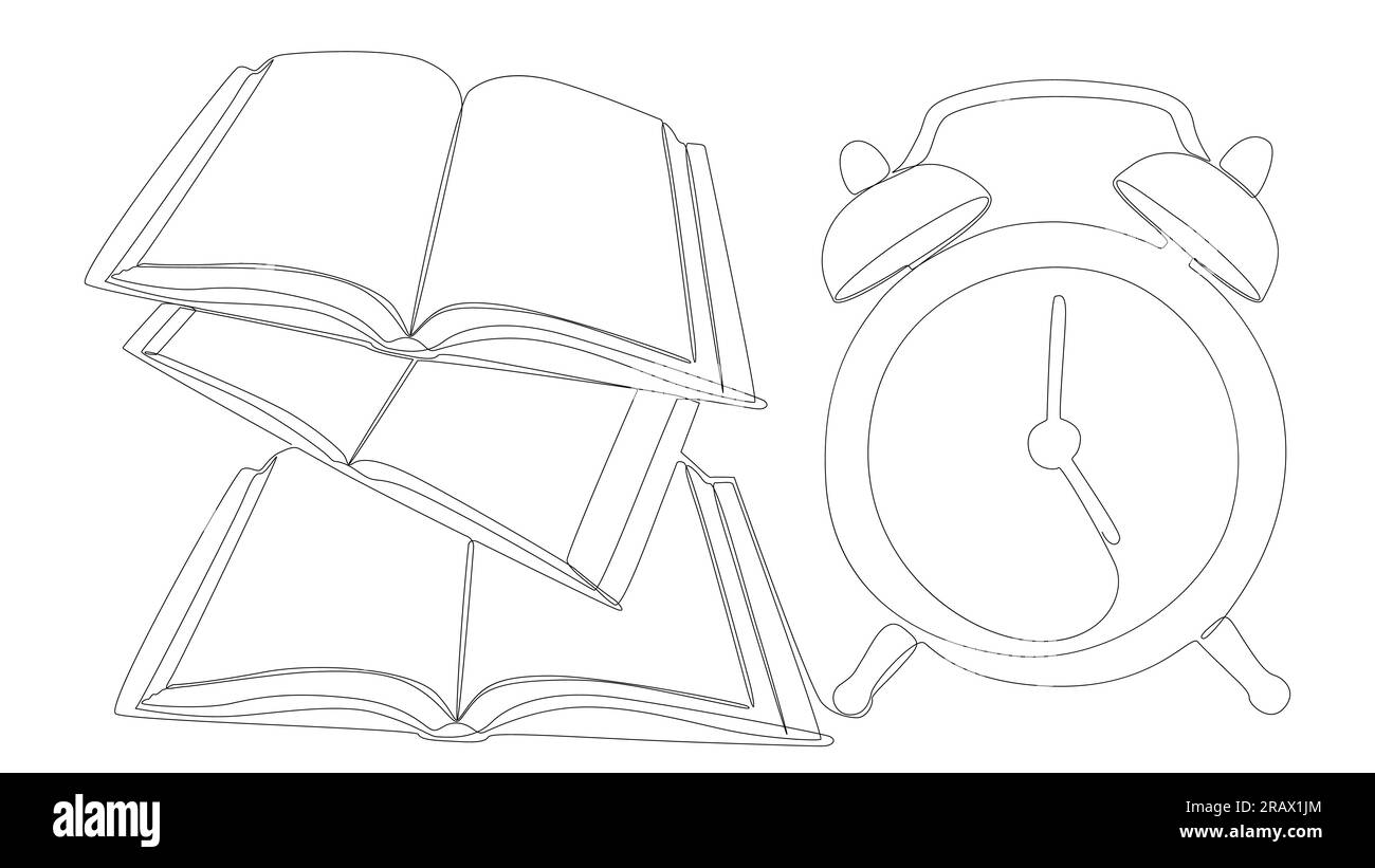 One continuous line of Book with Alarm Clock. Thin Line Educational ...