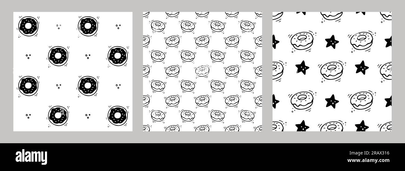 Hand drawn Donut pattern. Set of fast food seamless patterns. Comic doodle style. Vector Fast ...