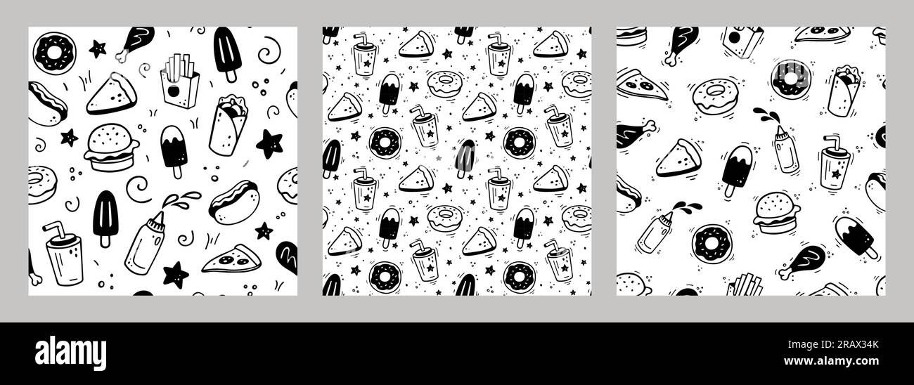 Hand drawn fast food combo. Set of fast food seamless patterns. Comic doodle style. Vector Fast ...