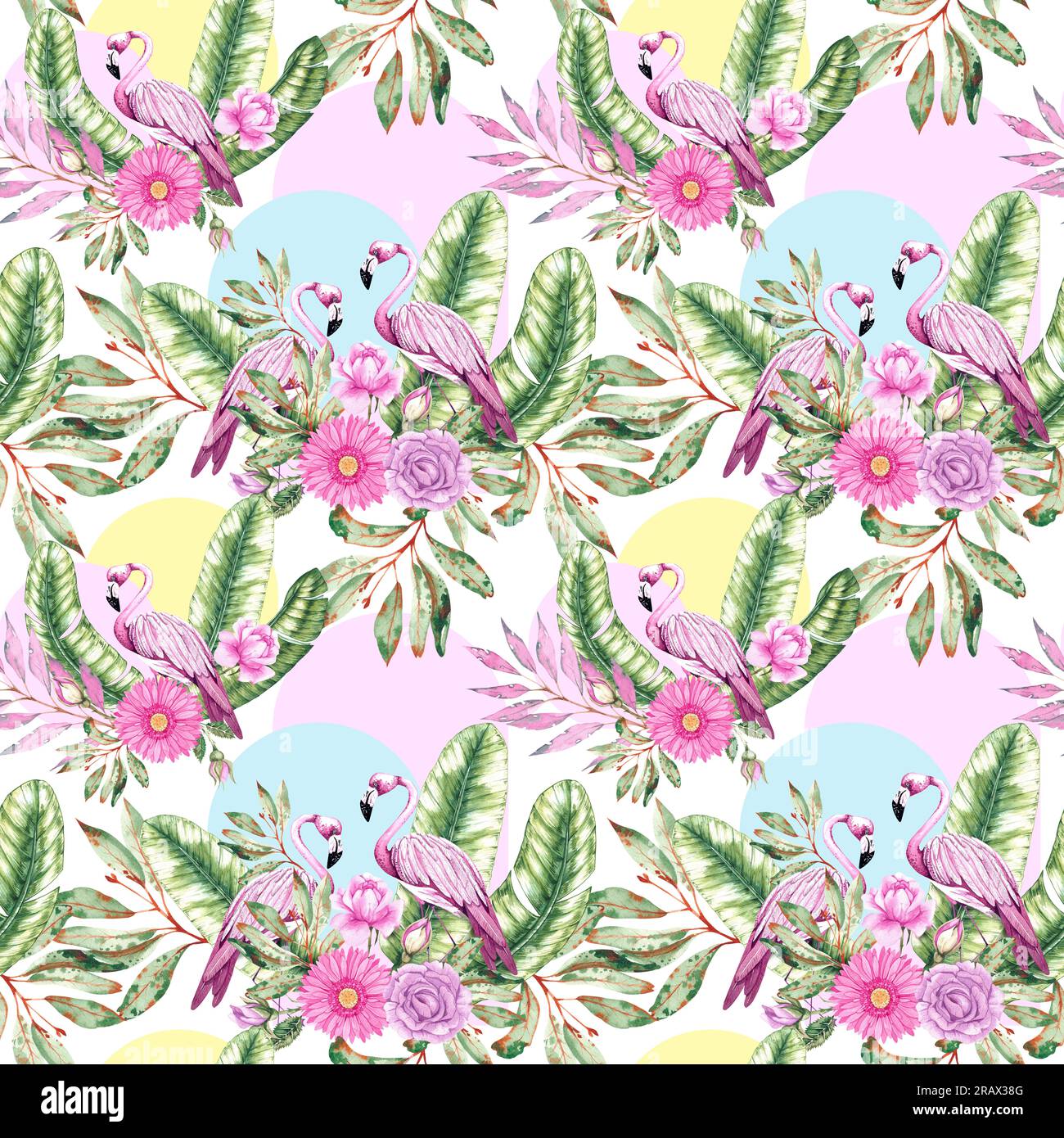 Flamingo pattern. Watercolor summer tropical pattern of flamingos on a ...