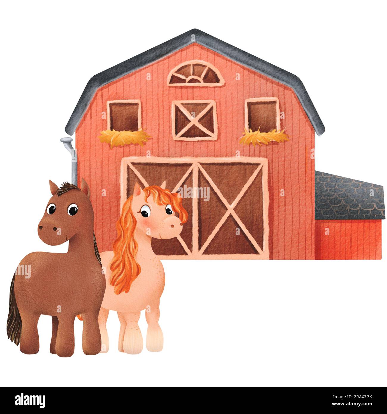 Set of cute watercolor pony. Little horse. FarmHouse, Barn. Funny ...