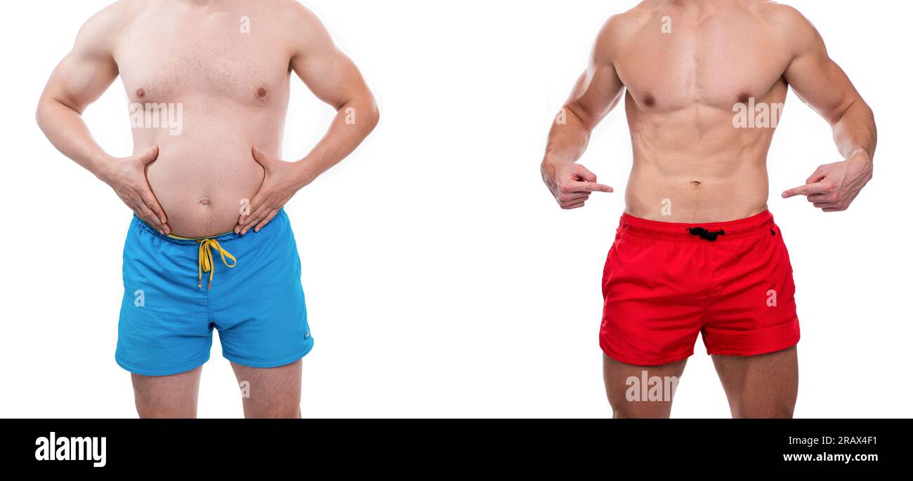 before and after body comparison of men in studio, advertisement ...
