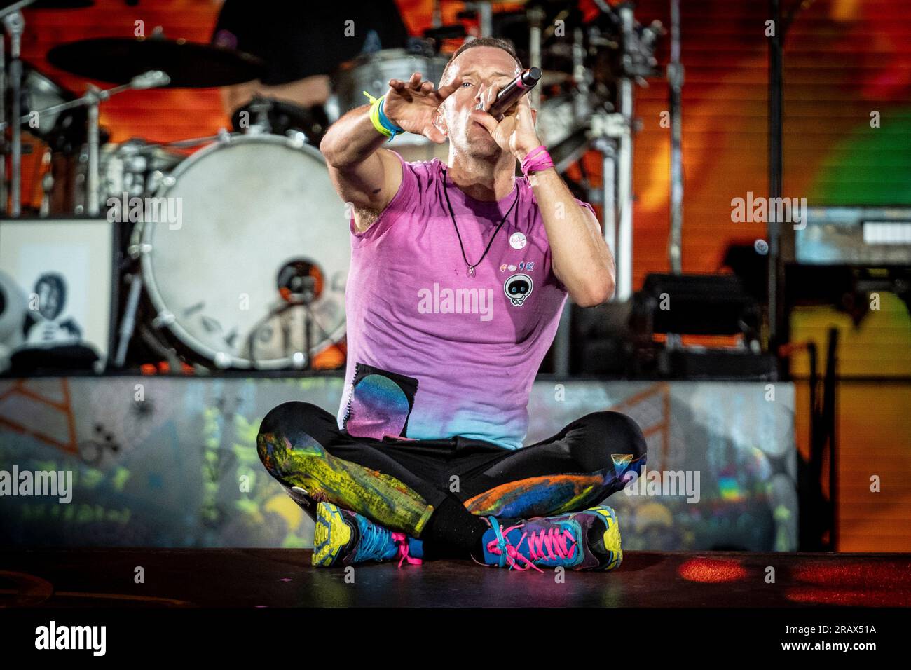 British singer Chris Martin of British band Coldplay performs at Parken ...