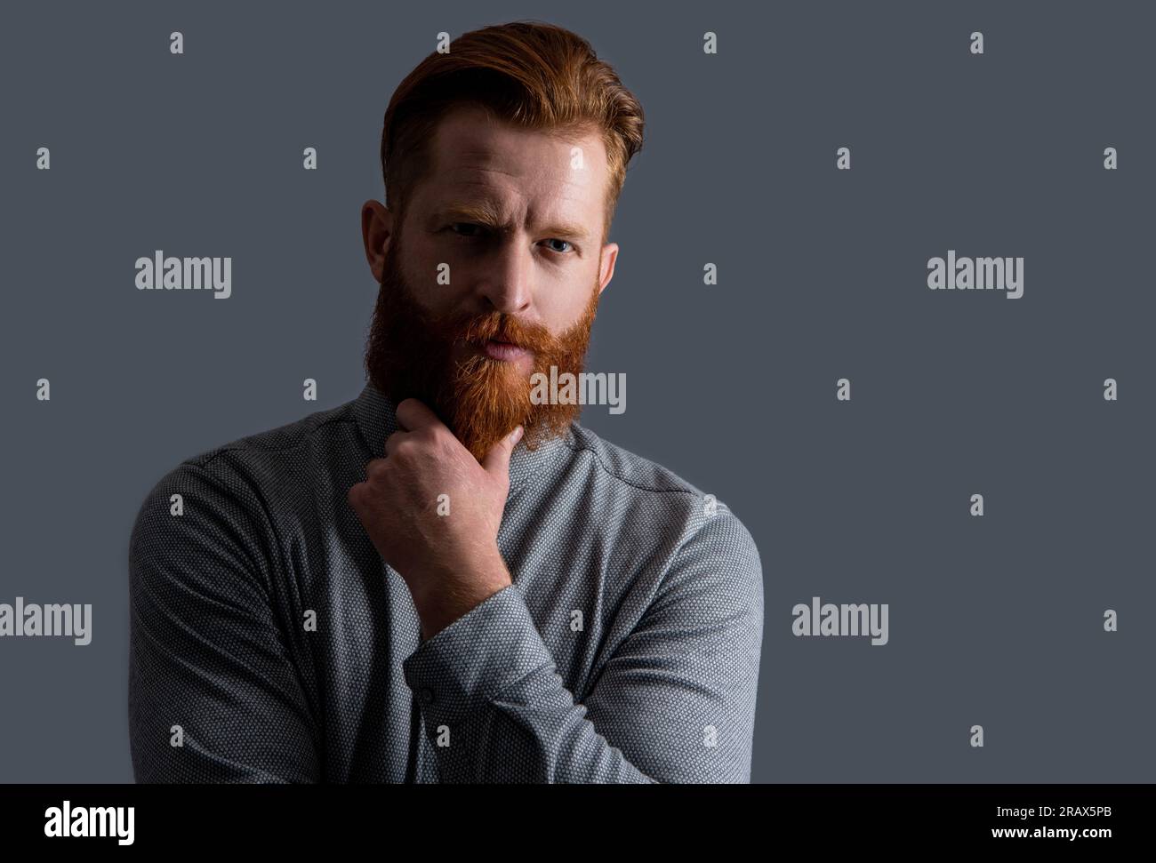 Portrait of serious man stroking beard. Bearded man with unshaven face ...