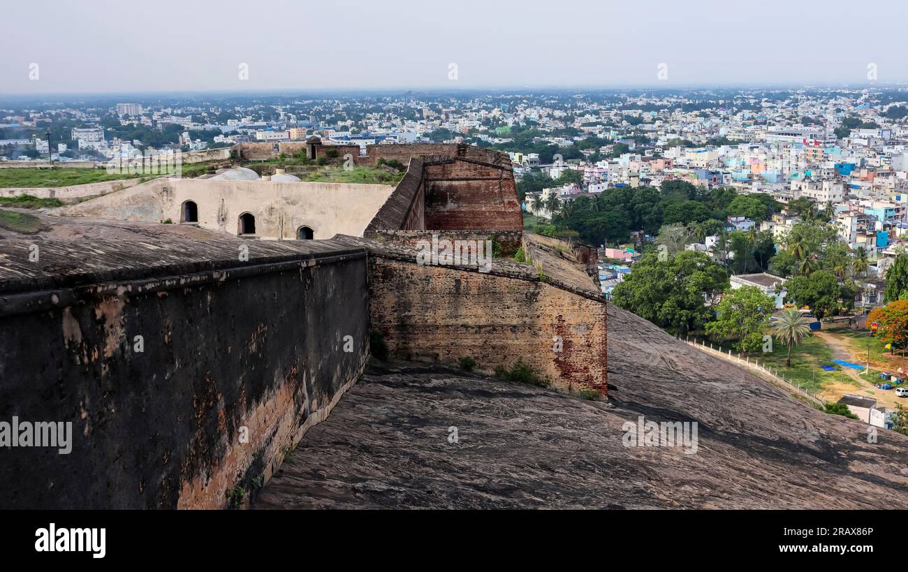 View of fortress walls and town view of Dindigul, Tamilnadu, India ...