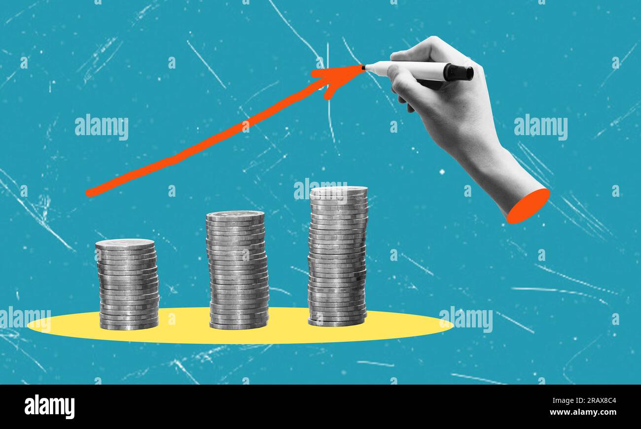 stacks of coins and growth graph. Hand draws a graph of growth ...