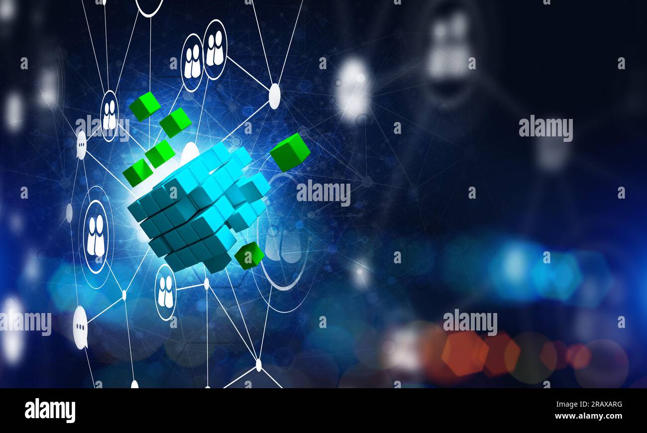Concept of Internet and networking with digital cube figure on dark ...