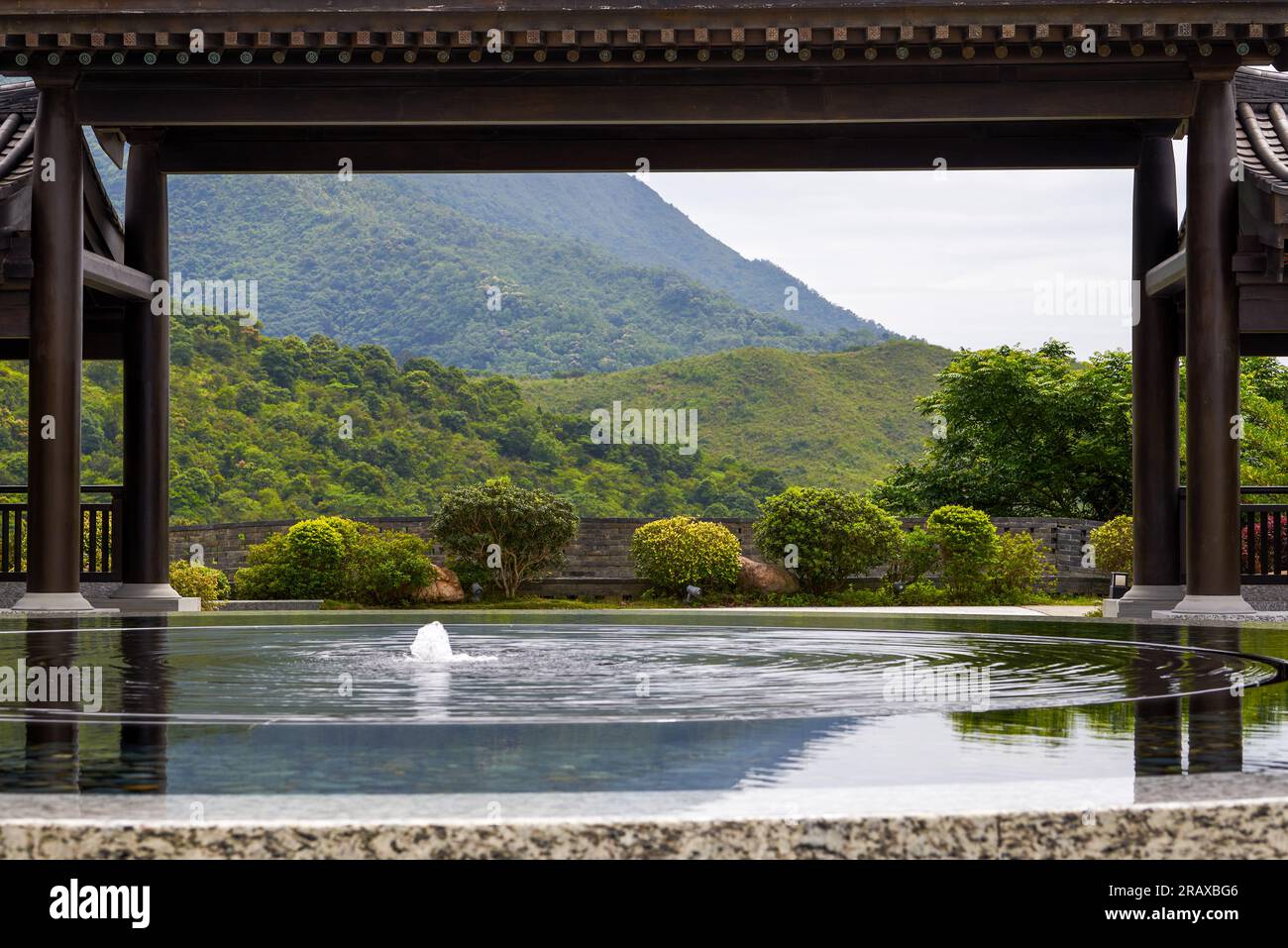 Water supply fountain in Japanese Buddhist garden at Tsz Shan Monastery ...