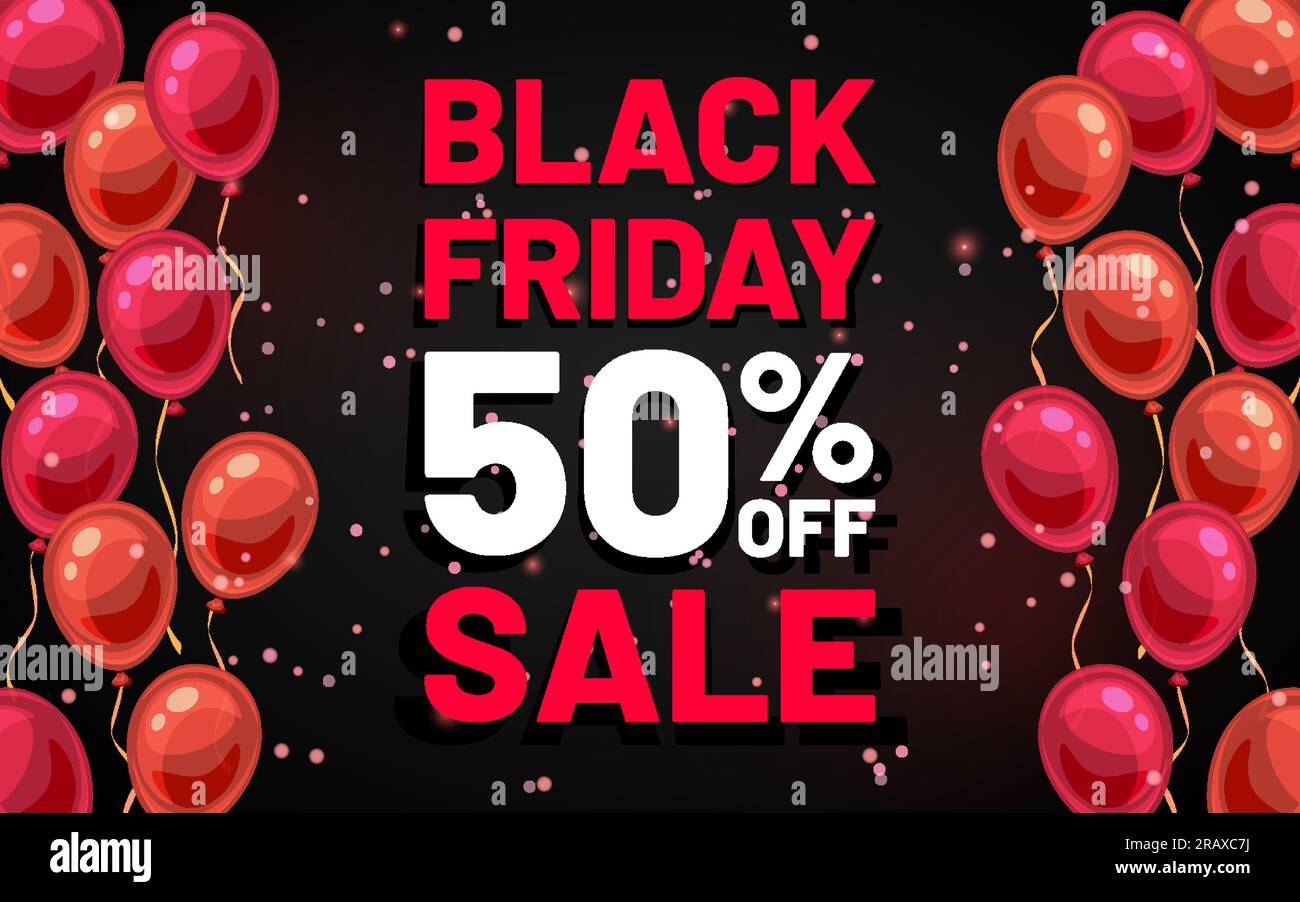 Black friday banner sale offer red balloon flat set. Discount promo ...