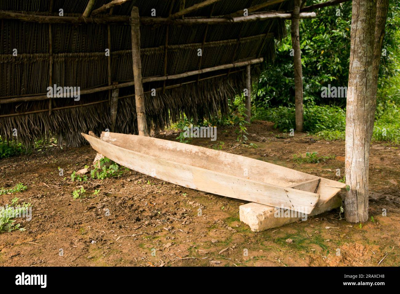 Handmade wooden canoe in an area of the Peruvian jungle in the Amazon ...