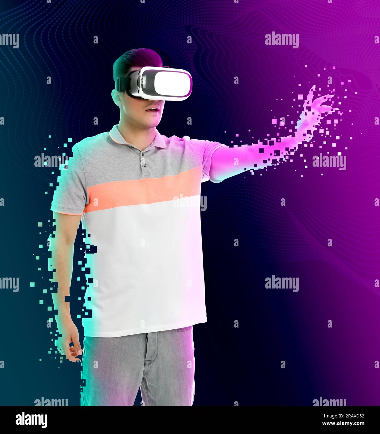 Metaverse. Man using virtual reality headset in neon lights. His hands ...