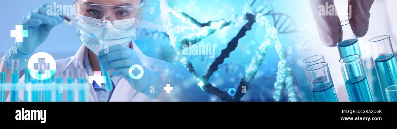 Genetics. Multiple exposure with photos of scientists and illustrations ...